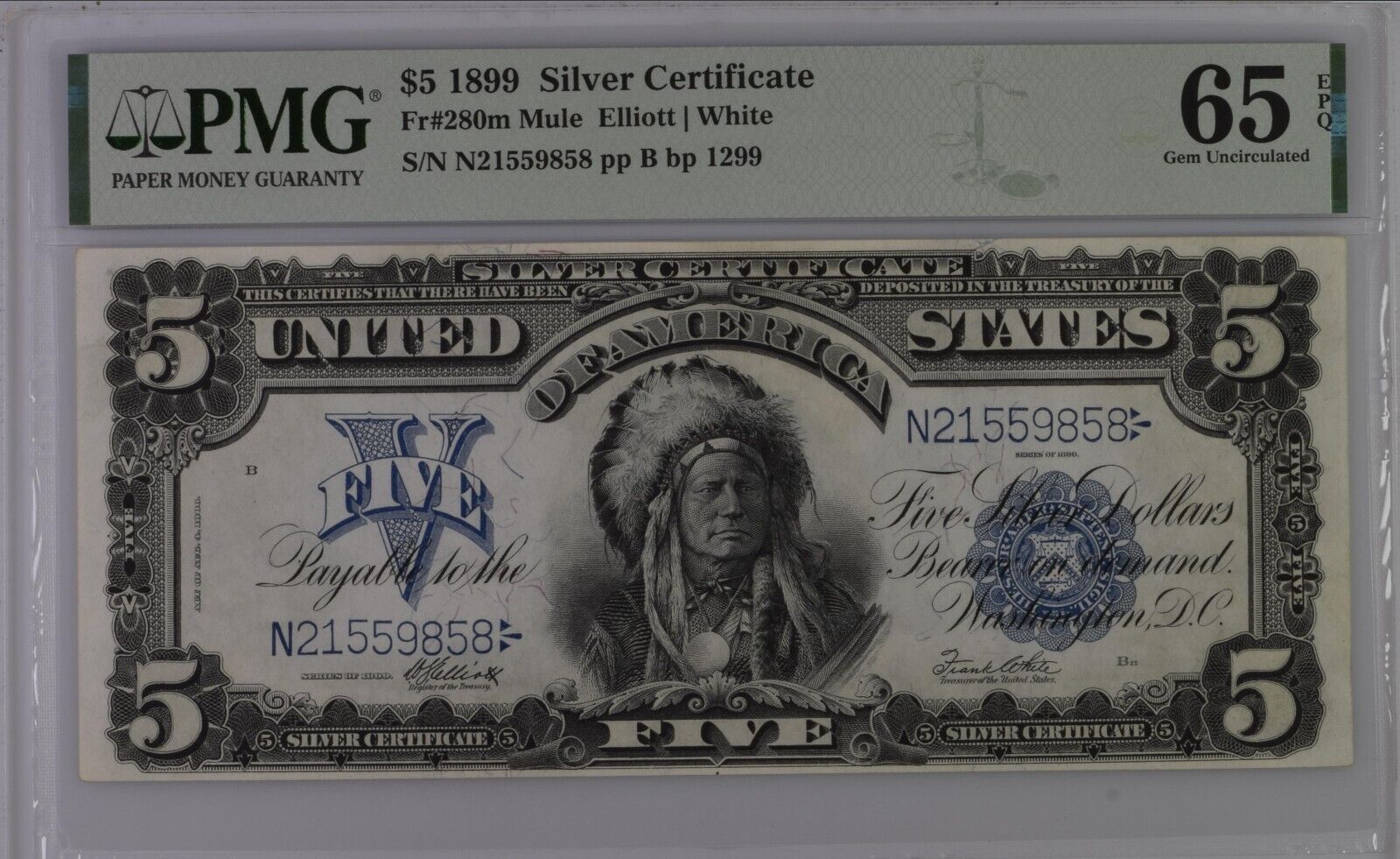 1899 $5 Silver Certificate "CHIEF" FR 280m PMG 65 EPQ - Exceptional "M ...